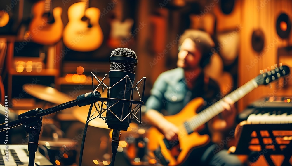 Dynamic music studio scene featuring a microphone and musicians ...