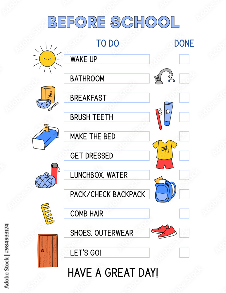 Morning routine checklist template. Chart for kids before school ...