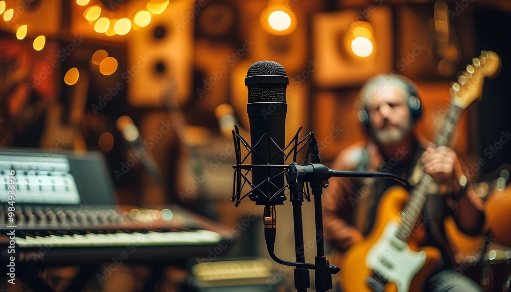 Dynamic music studio scene featuring a microphone and musicians ...