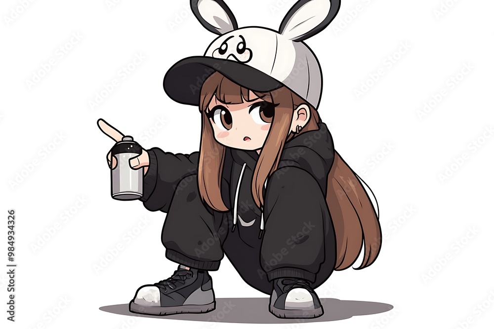 Cute Anime Girl Graffiti Artist with Spray Can and Bunny Ears Stock ...