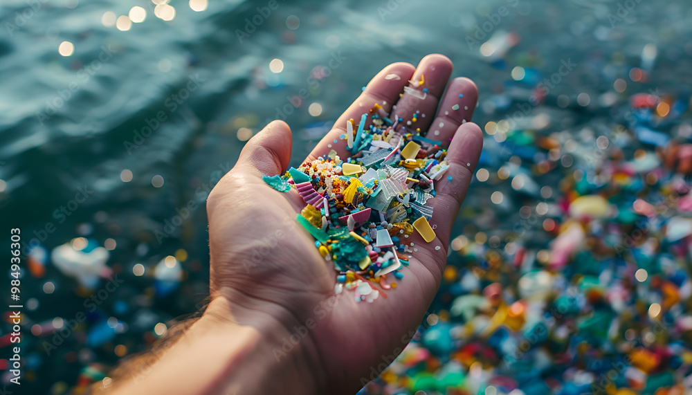 Close up side shot of microplastics lay on people hand.Concept of water ...