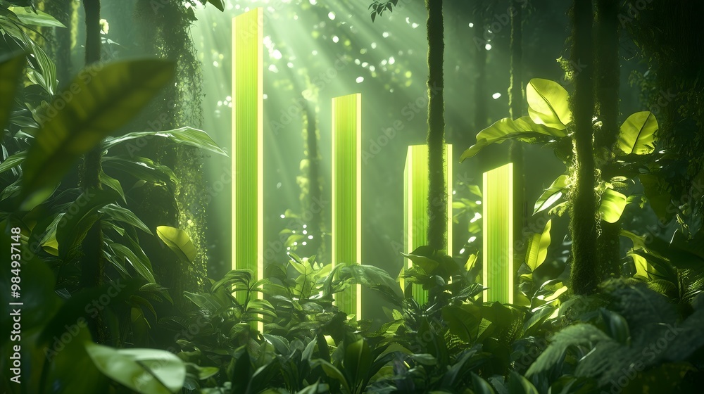 Green bar graphs rise among lush foliage, symbolizing economic progress ...