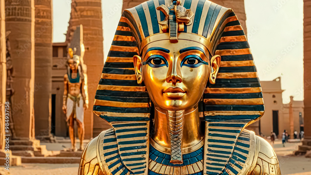 Portrait of the great Egyptian god-Pharaoh Tutankhamun in the temple of ...