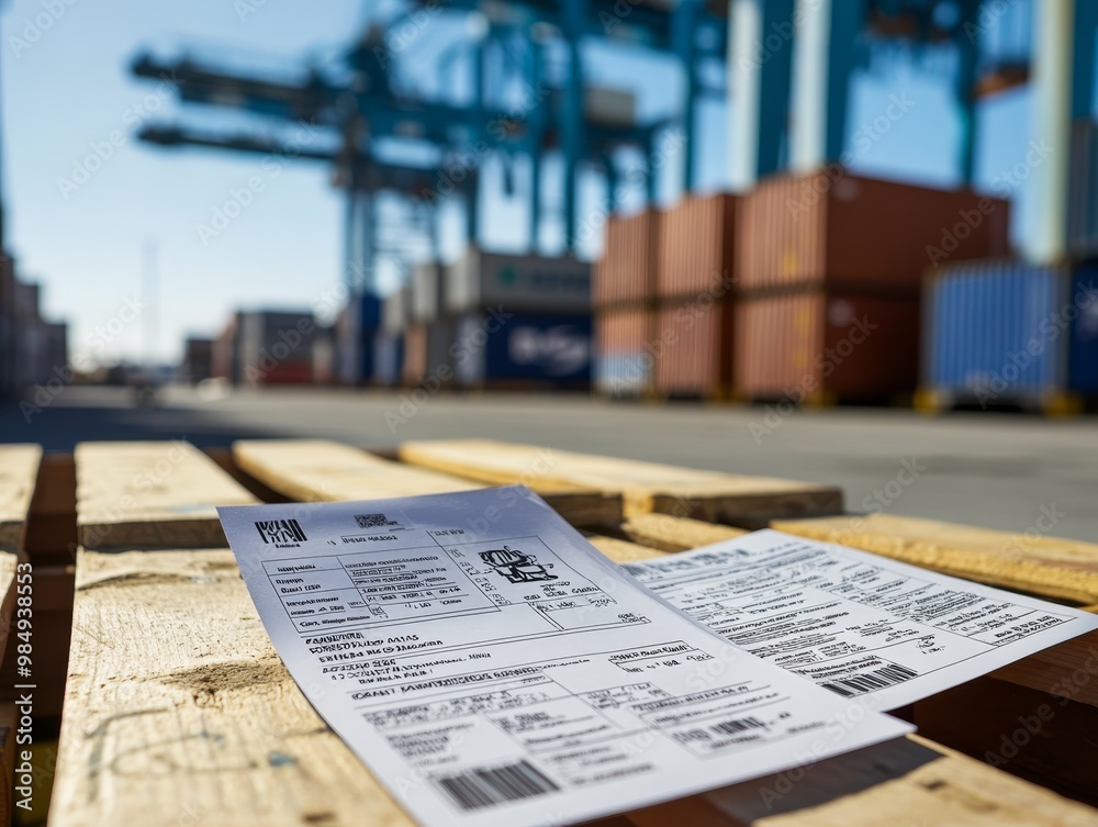 A detailed view of shipping documentation displayed on a wooden pallet ...