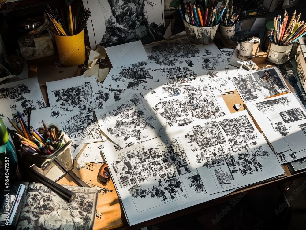 This overhead shot shows a cluttered artist's workspace filled with ...