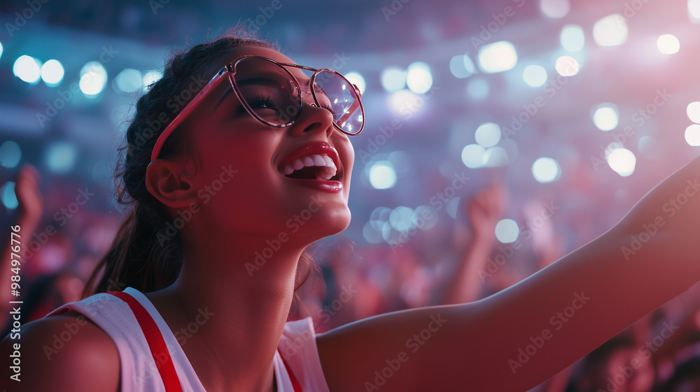 A beautiful woman wearing a vibrant NBA uniform, sitting joyfully in ...