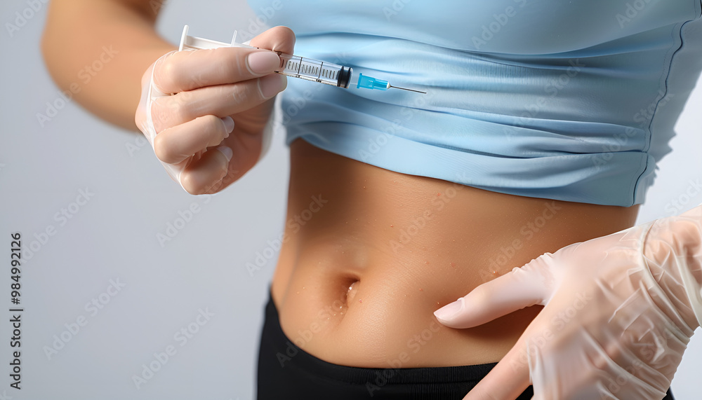 woman putting a hormonal injection in her stomach with pen syringe on a ...