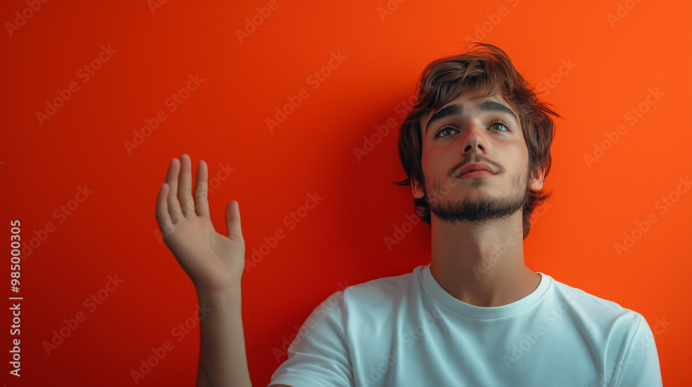 on the right side male student on a single colour background raching ...
