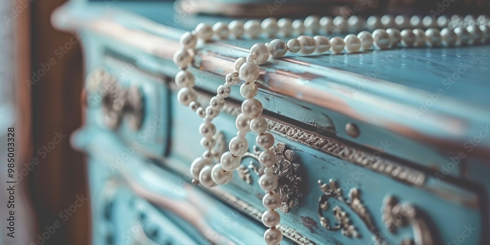 Pearl beads dangling from an ajar drawer in a stylish vintage-inspired ...