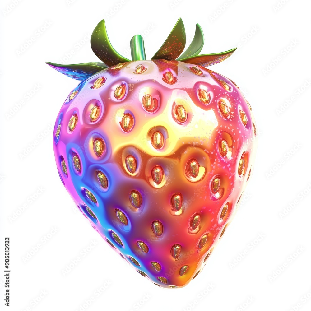 This strawberry features a shiny, iridescent surface with vivid colors ...