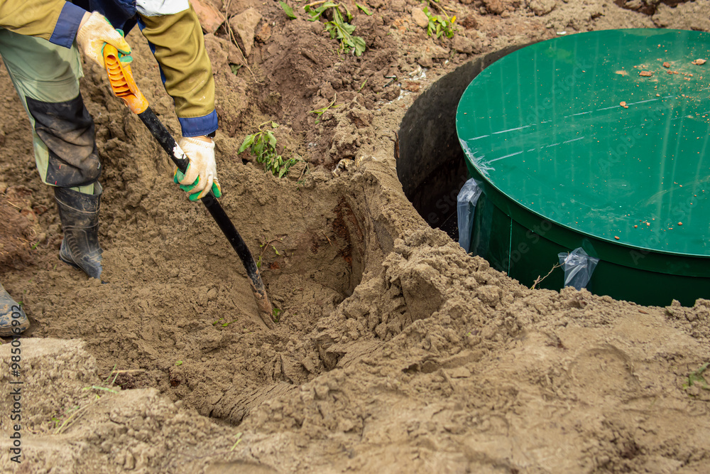 Installation of a biological wastewater treatment system. Filling the ...
