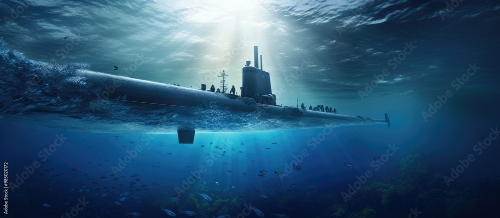 Generic military nuclear submarine floating in the middle of the ocean ...