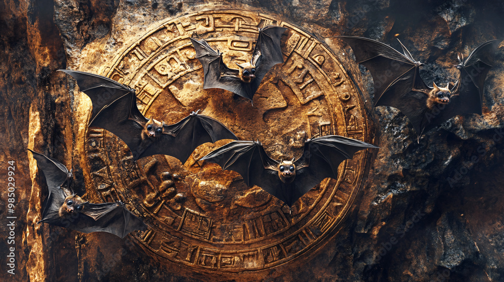 A detailed composition of bats flying around a mystical artifact ...