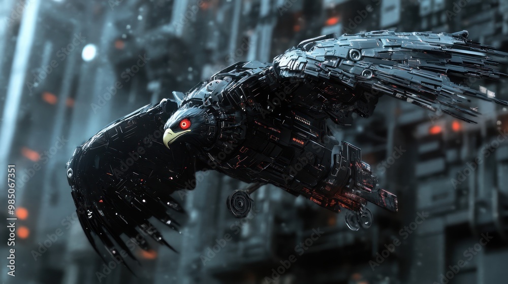 Cyberpunk black eagle bird cyborg mecha robot in flight background ...