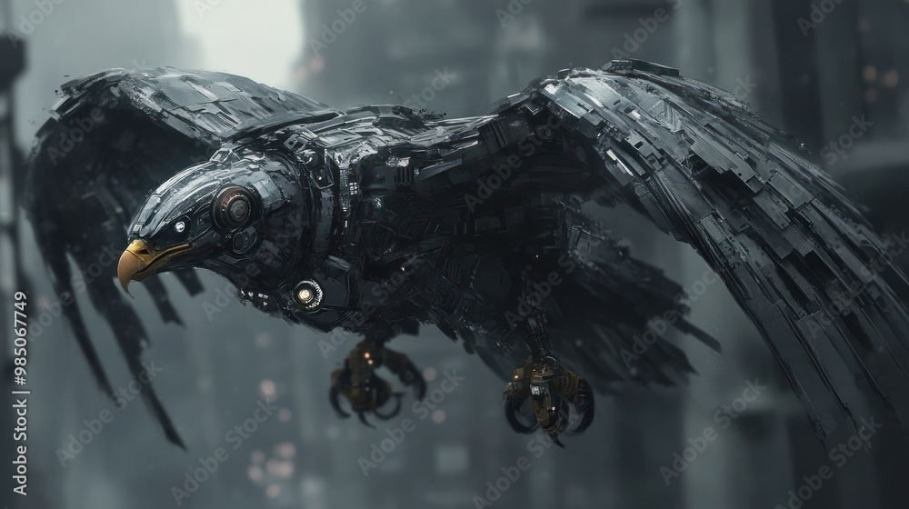 Cyberpunk black eagle bird cyborg mecha robot in flight background ...
