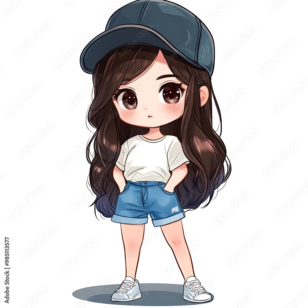 Cute chibi girl character with long brown hair, wearing a blue cap ...