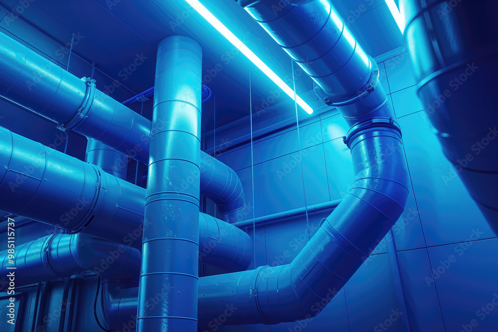 Engineering room with ventilation pipes. Factory basement with large ...