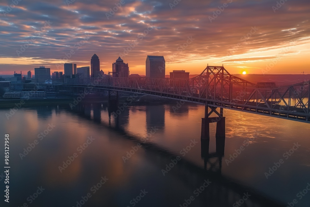 Aerial view of Louisville city skyline at sunrise. Bridge across Ohio ...