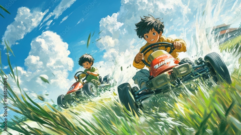 Two boys race go-karts through a grassy field under a bright blue sky ...