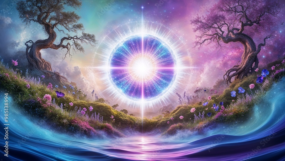 A fantasy scene with a portal gate to another dimension, heaven realm ...