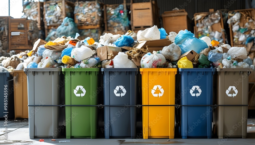 Efficient waste management showcased by overflowing bins of sorted ...