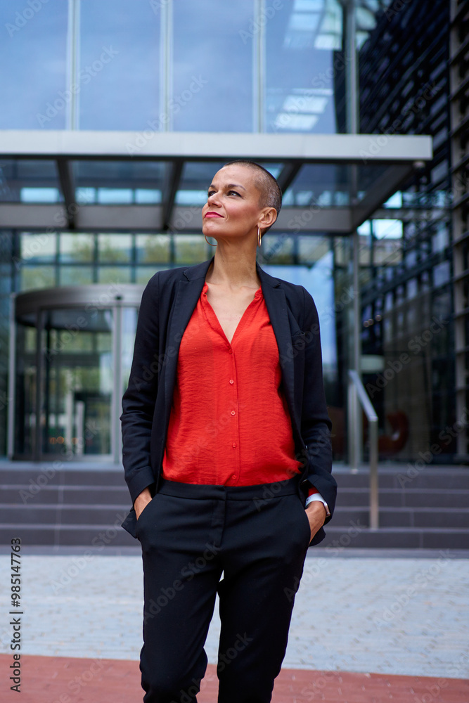 Vertical. Empowered adult formal business woman posing standing looking ...