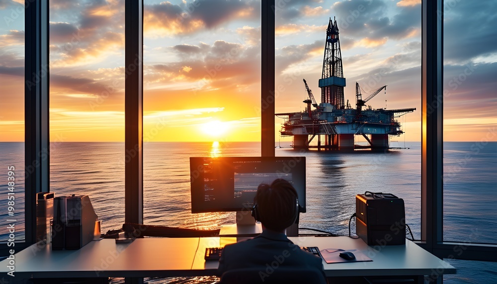 Sunset views of an offshore oil rig from a modern office where ...