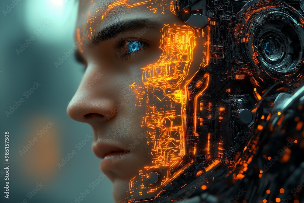 Man with half face as a detailed, futuristic robot. The robotic half ...