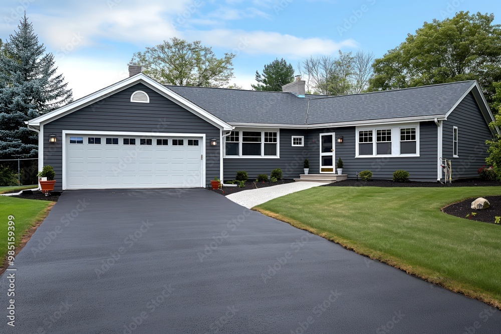 Gray suburban house with white asphalt driveway. Single-story residence ...