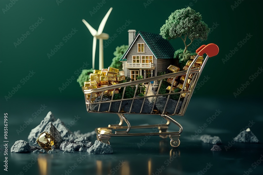 Bunch of different real world assets are in a supermarket cart. wind ...