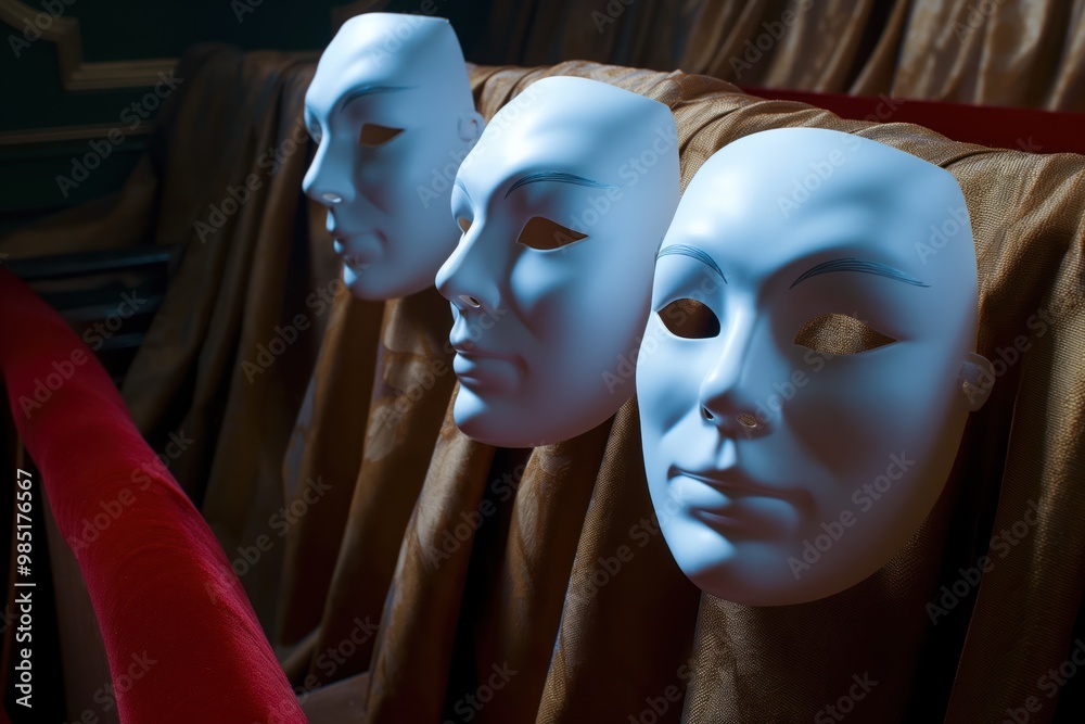 Theatre concept with gold, white plastic masks on colorful background ...
