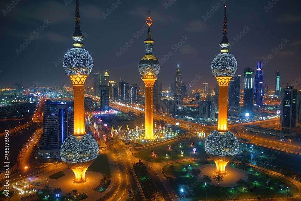 Cityscape of Kuwait City at night. Illuminated skyscrapers tower above ...
