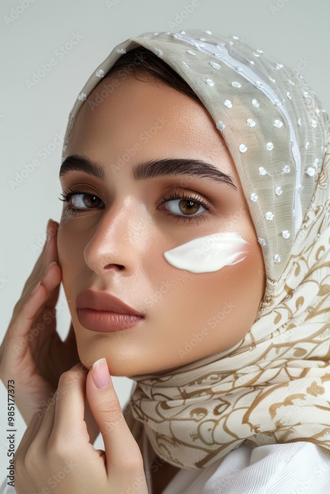 Woman wearing white hijab applies facial cream in beauty studio ...