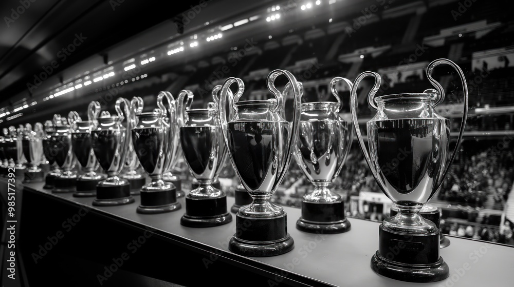 Grayscale of UEFA Champions League trophies in Real Madrid stadium ...