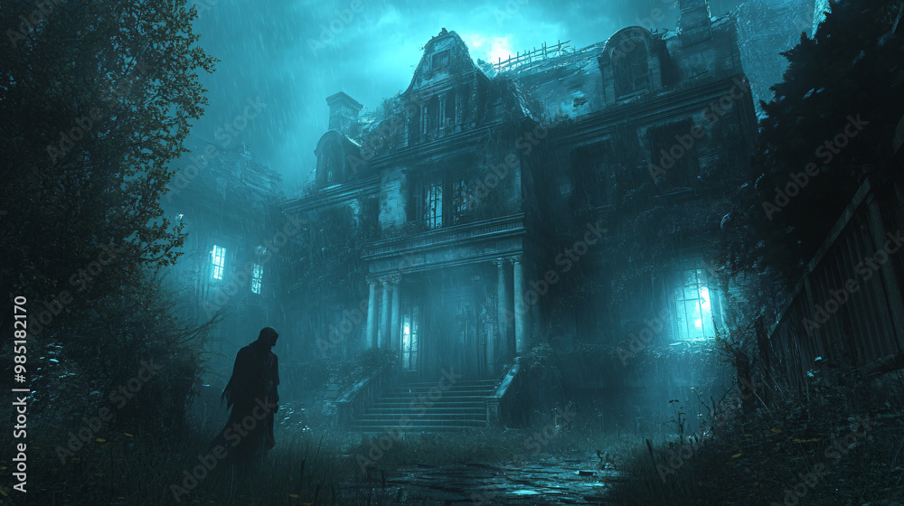 A chilling depiction of a demon haunting a dilapidated mansion, with ...