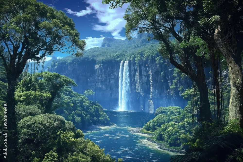 Lush Atlantic forest with misty waterfall, serene blue background ...