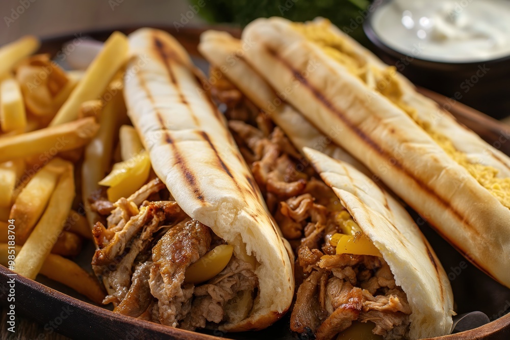 Traditional Syrian street food, shawarma in white bread with crispy ...