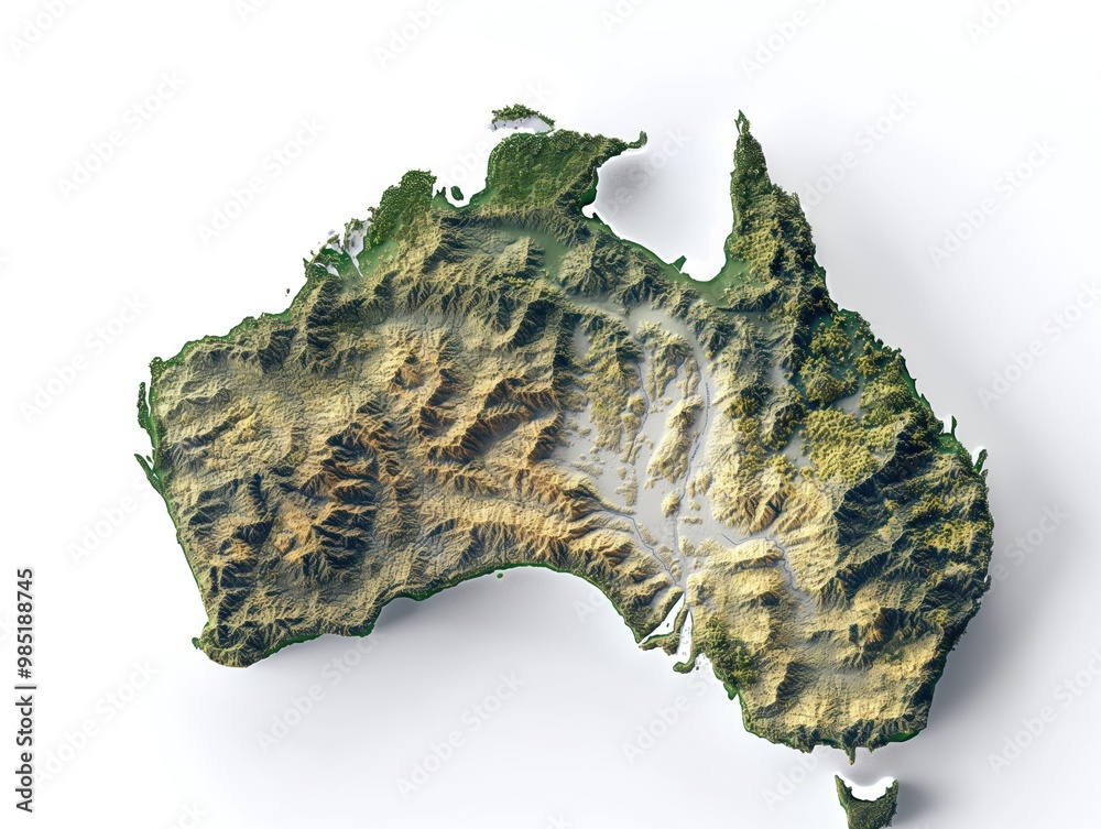 3D rendering of Australia map in shaded relief with color-coded height ...