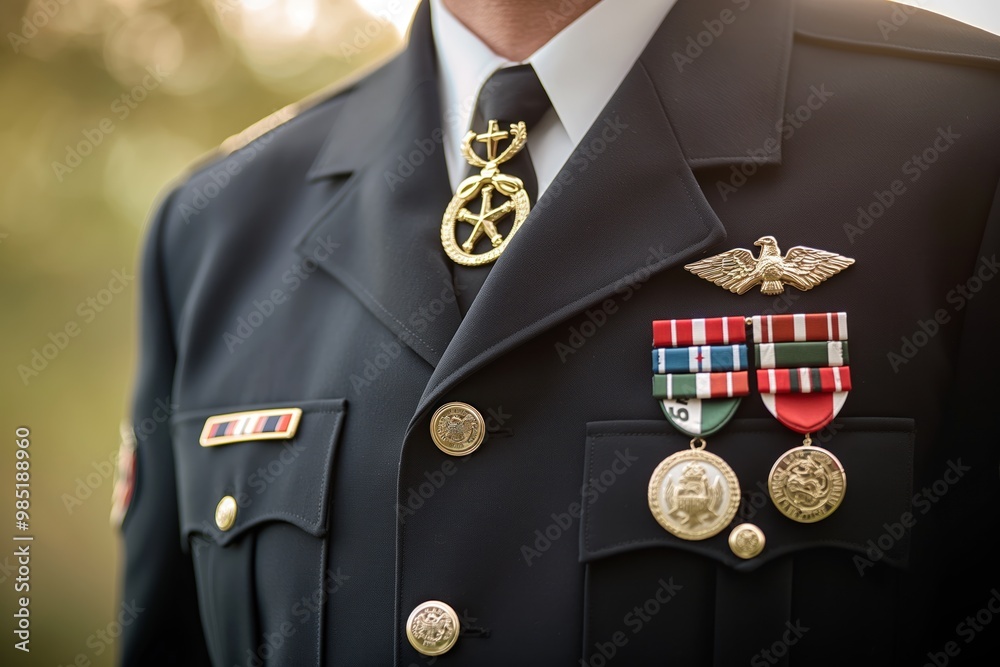 Close-up of groom marine corps uniform with gold symbols on wedding day ...