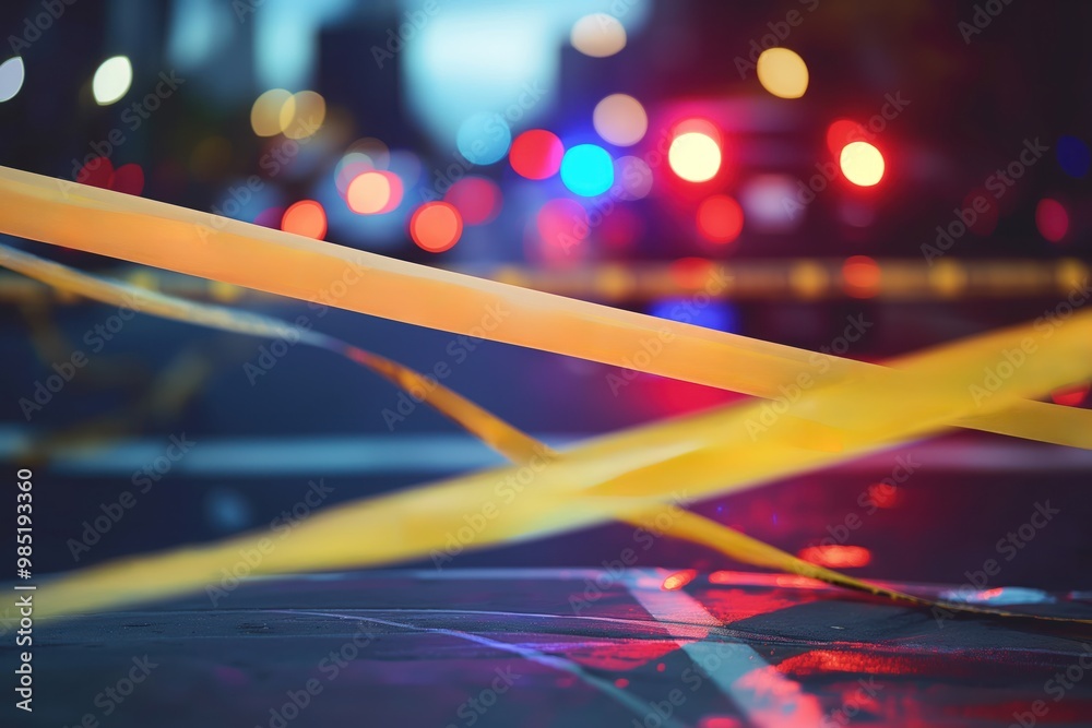Crime scene tape isolates crime area on city street. Yellow tape ...