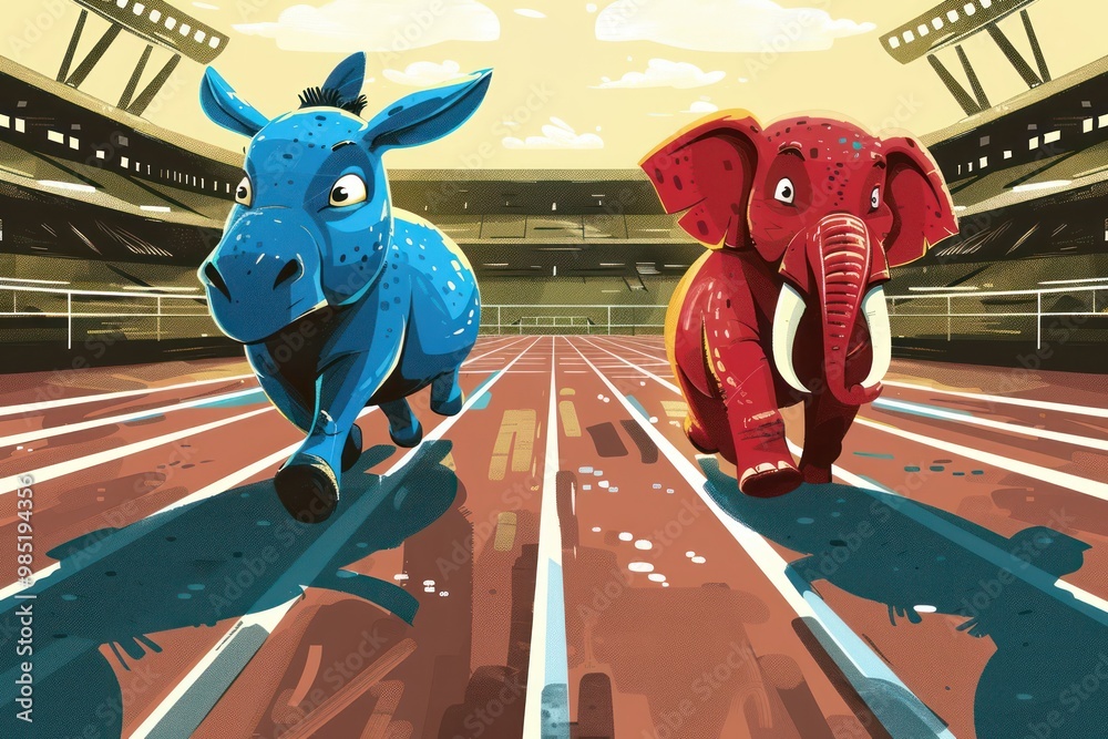 Blue donkey and orange elephant run on track at political rally ...