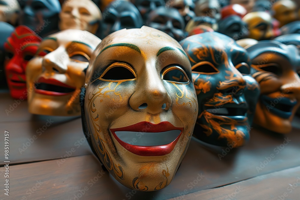 White masks with satin texture, theatrical expression, and carnival ...