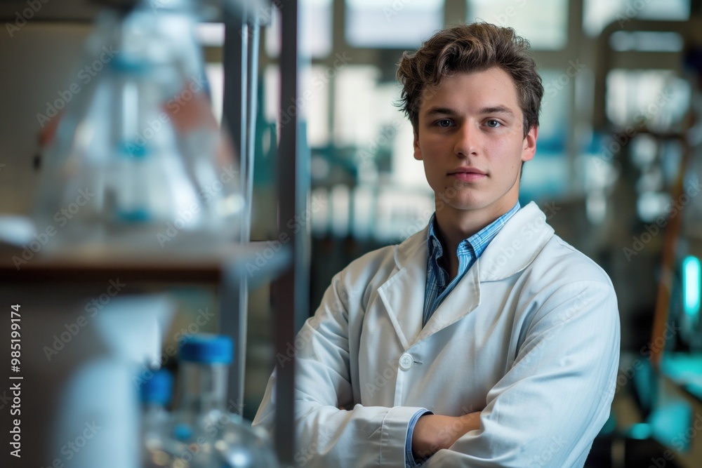 Confident scientist in white lab coat stands in modern laboratory with ...