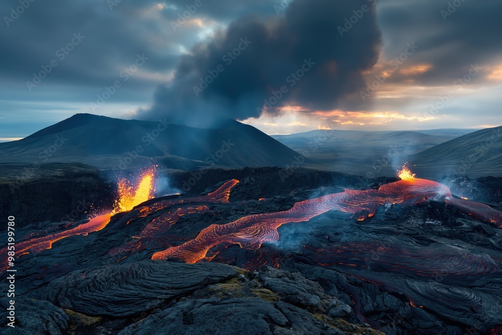 Lava flows from Fagradalsfjall volcano in Iceland on cloudy sky ...
