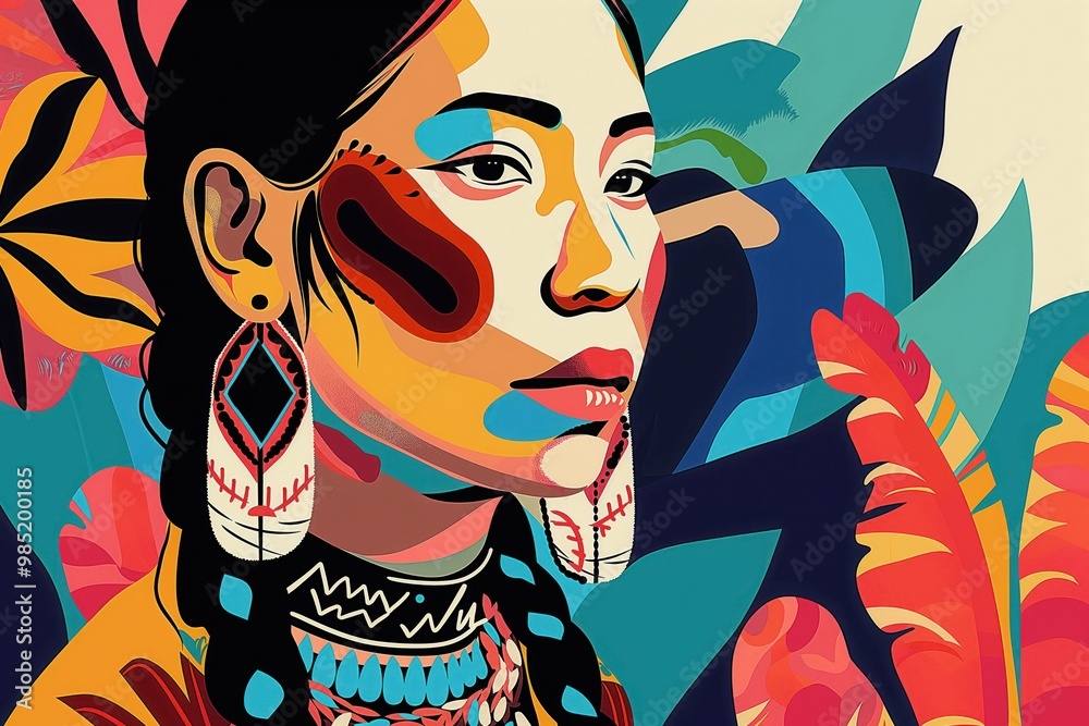 Indigenous woman colorful portrait with traditional ethnic design ...