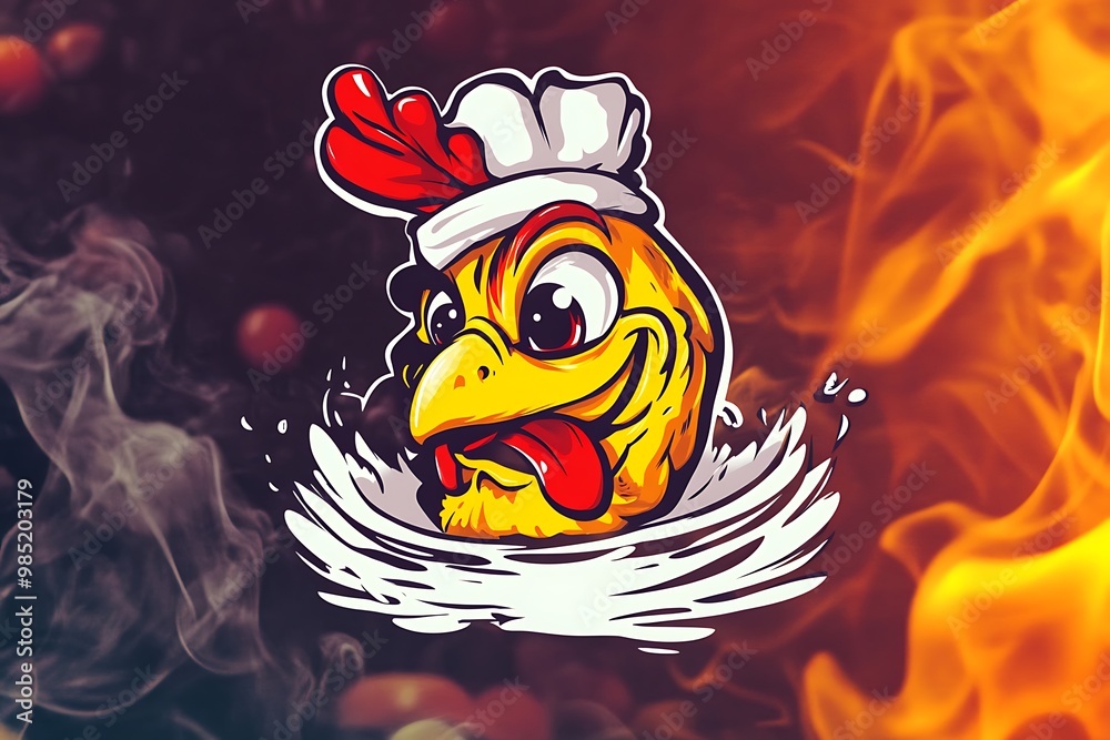 Cartoon rooster chef mascot with fire and smoke background Stock ...
