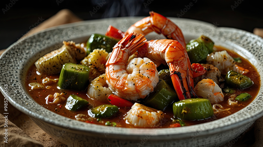 a cajun seafood gumbo, a explosion of flavours and textures. shrimp ...