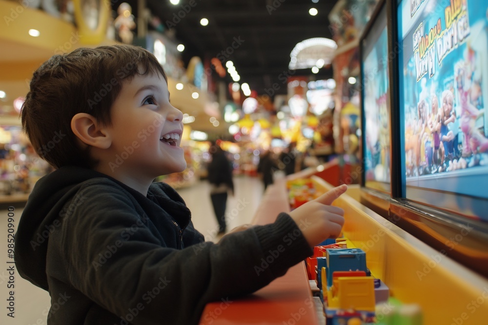 kids laughing and pointing at toys in busy shopping malls and retail ...
