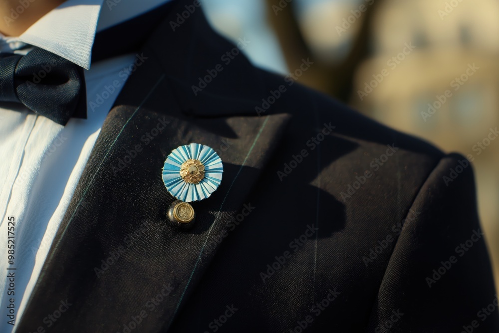 Argentine cockade on lapel of jacket. White and blue ribbon rosette ...