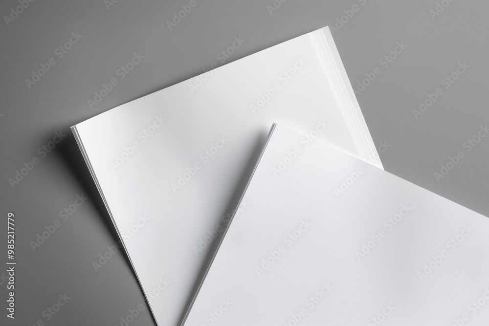 Blank paper sheets on grey background. Top view of paper stack for ...